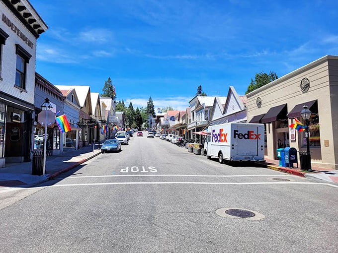 Rainbow flags flutter alongside historic facades on Broad Street. Nevada City blends Gold Rush heritage with progressive values in the most charming way possible.