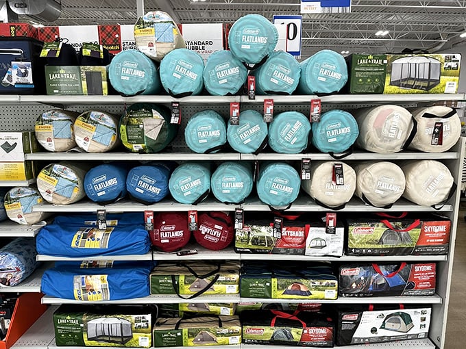 Camping gear stacked like colorful dreams of weekend adventures at prices that won't break budgets.