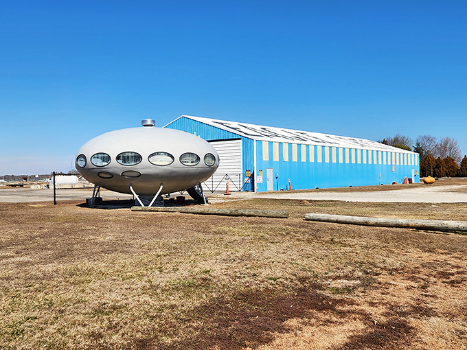 Space-age dreams meet rural Delaware reality. The Futuro's sleek white exterior creates a startling contrast against the blue hangar, like a sci-fi movie set in farm country.