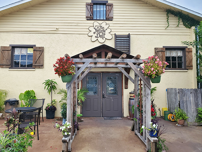The Yellow Deli welcomes with rustic charm and hanging flower baskets &ndash; like stepping into your eccentric aunt's cottage garden.