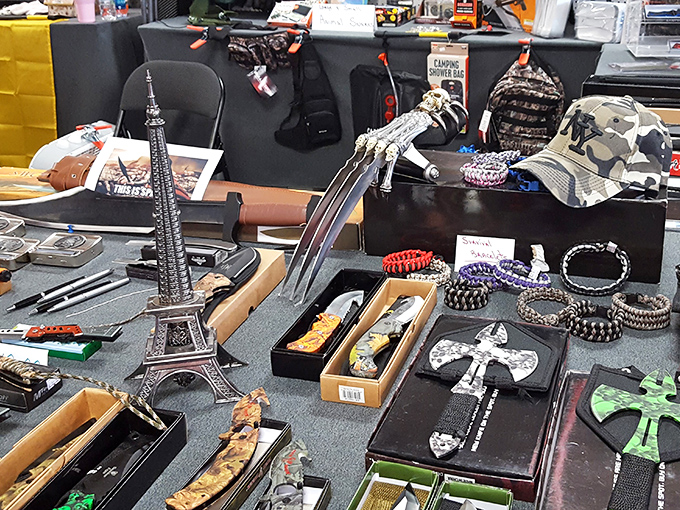 From miniature Eiffel Towers to tactical knives, this booth embodies the flea market mantra: "If you can imagine it, someone's selling it."