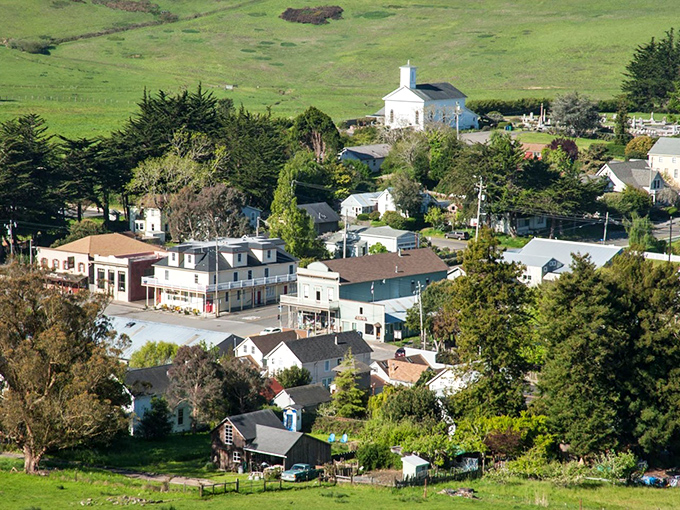 From this bird's-eye view, Tomales reveals itself as a perfect postcard—white church steeple, historic buildings, and rolling hills that California dreams are made of.