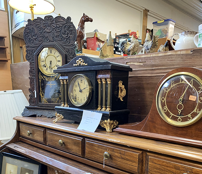 Time literally stands still in this corner of antiquity, where ornate clocks from bygone eras wait patiently to mark someone else's minutes.