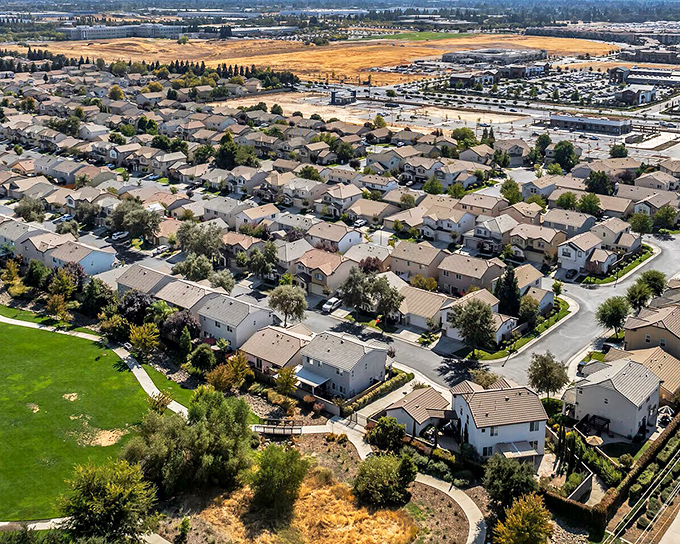 From above, Roseville's thoughtful neighborhood planning reveals itself&mdash;actual yards with room for both gardening ambitions and impromptu badminton tournaments.