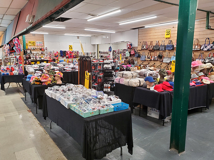 A kaleidoscope of hats, socks, and accessories awaits new owners. One shopper's "too many baseball caps" is another's "just getting started" collection.