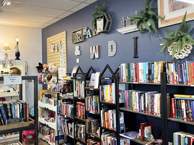 Literary paradise awaits! Shelves packed with affordable reads against a stylish blue wall&mdash;where bibliophiles can score their next adventure without breaking the bank.