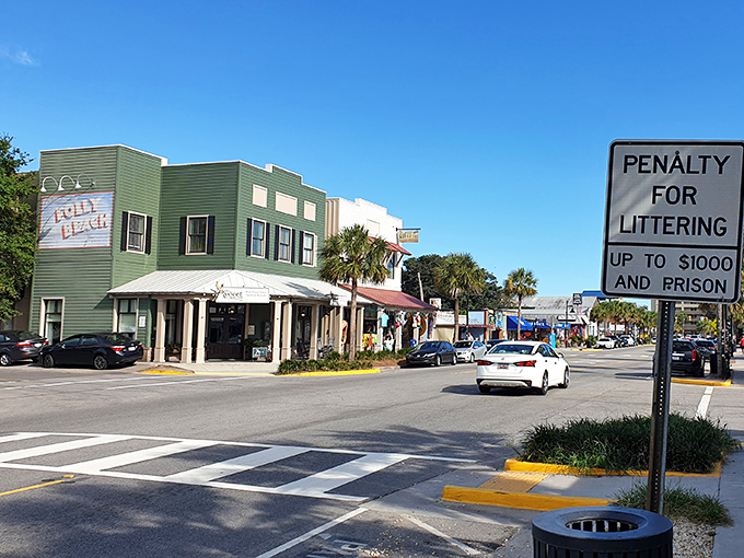 Center Street's colorful storefronts invite you to slow down and embrace beach time. Even the "No Littering" signs seem to say it with a Southern drawl.