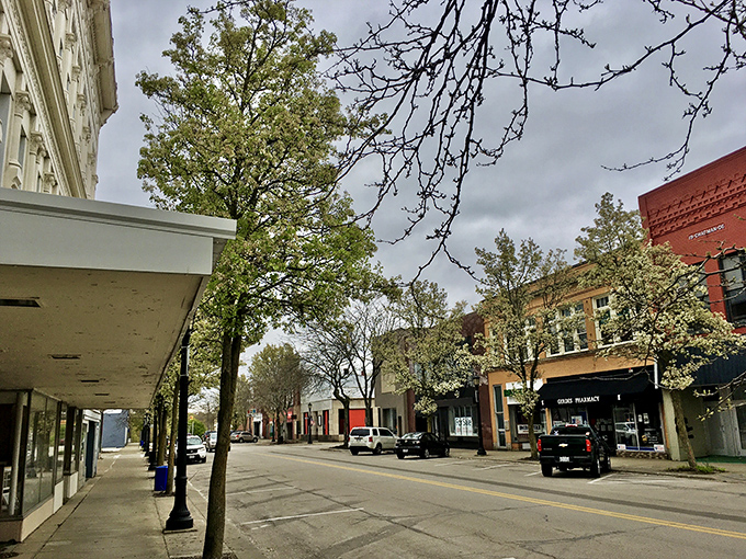Spring blossoms frame Conneaut's Main Street, where awnings provide shade for conversations that haven't changed much since the Eisenhower administration.