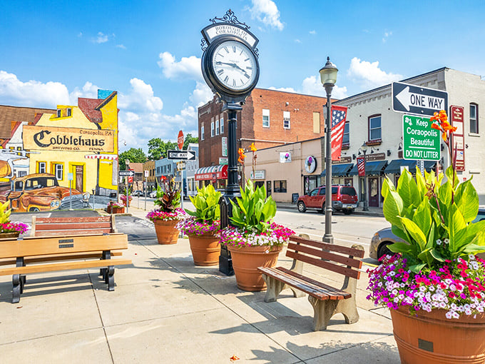 The town clock stands sentinel over Coraopolis's charming downtown, where flower pots outnumber parking meters and benches invite lingering conversations.