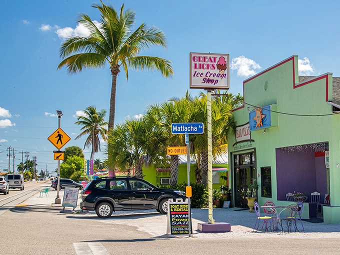 Great Licks Ice Cream stands as a sweet oasis amid Matlacha's rainbow landscape. Nothing beats Florida heat like homemade ice cream under swaying palms. 