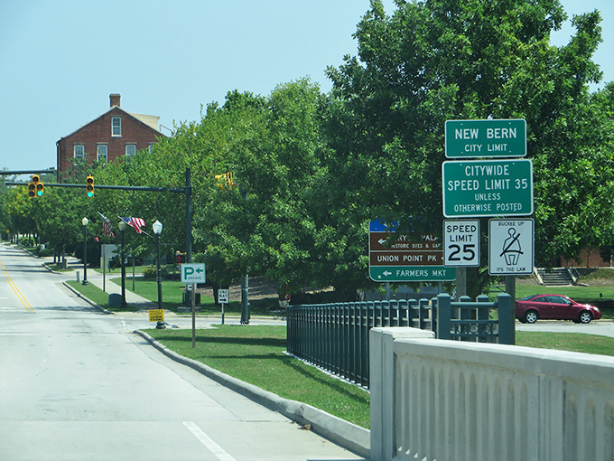 New Bern's city limit sign promises a slower pace at just 35 mph. Even the speed limits here invite you to relax and savor the journey.