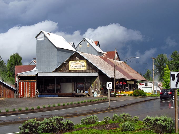 Aurora Mills Architectural Salvage stands ready for treasure hunters beneath dramatic skies. One person's discarded doorknob is another's design salvation.