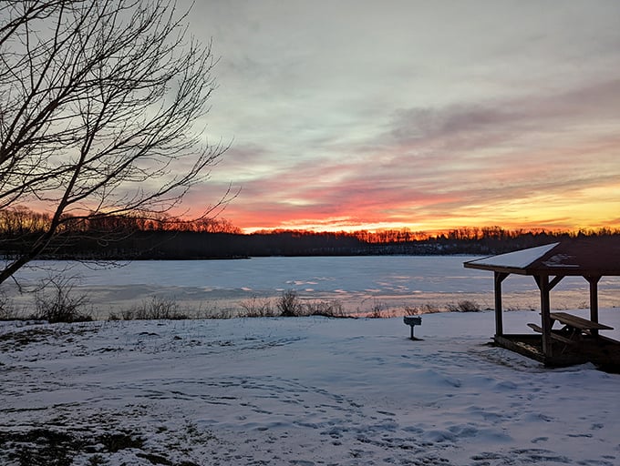 Winter transforms Sunny Lake into a snow globe scene where even the picnic tables dream of warmer days ahead.