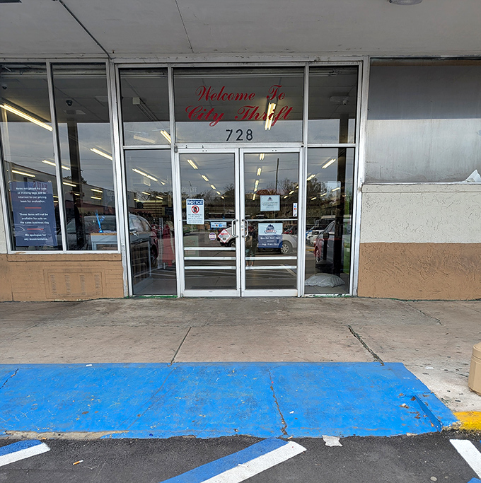 Red script welcomes shoppers to Jacksonville's temple of thrift, where wallets breathe easy and closets get second chances.