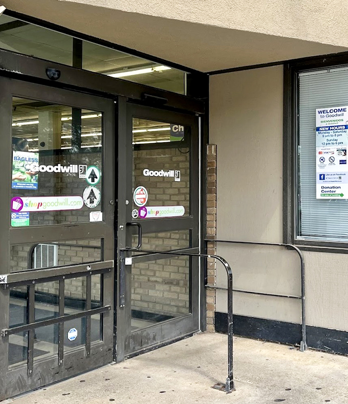 The gateway to thrifting paradise. Each push of these doors could lead to finding that perfect vintage jacket or quirky conversation piece.