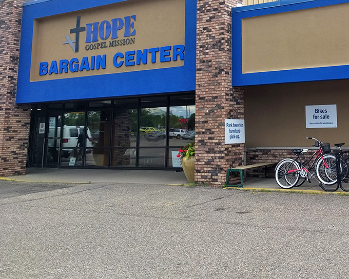 The unassuming exterior belies the treasure trove within. Like a speakeasy for bargain hunters, this blue-signed brick building houses Wisconsin's ultimate thrifting adventure.