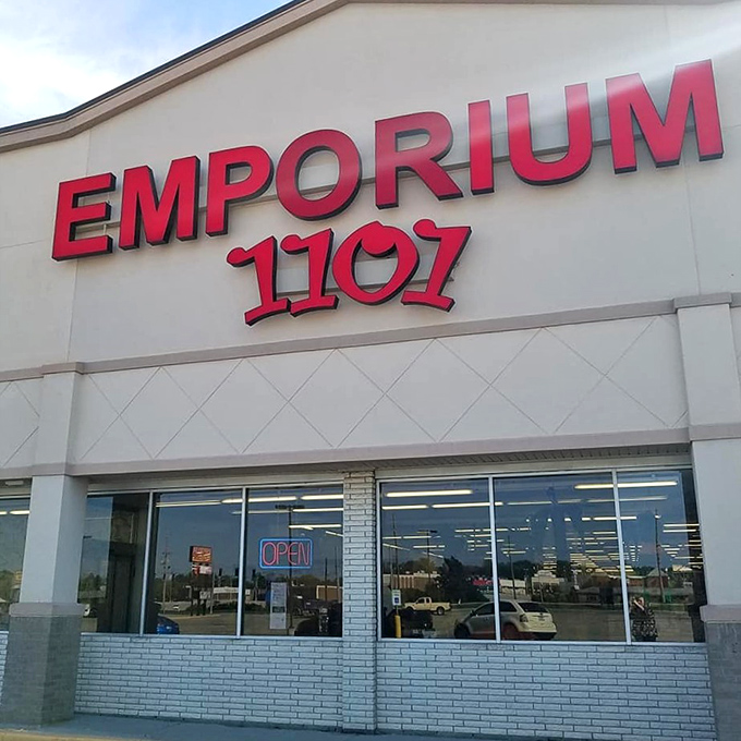 Up close and personal with the store's bold red lettering &ndash; like a siren song calling to your inner treasure hunter.