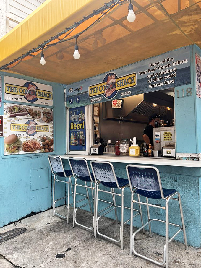 This cheerful aqua exterior promises good times and even better conch fritters waiting just beyond that service window.
