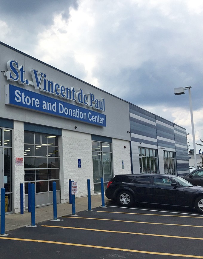 Blue skies and blue awnings welcome bargain hunters to this thrift mecca. The parking lot is merely the appetizer to this budget-friendly feast.