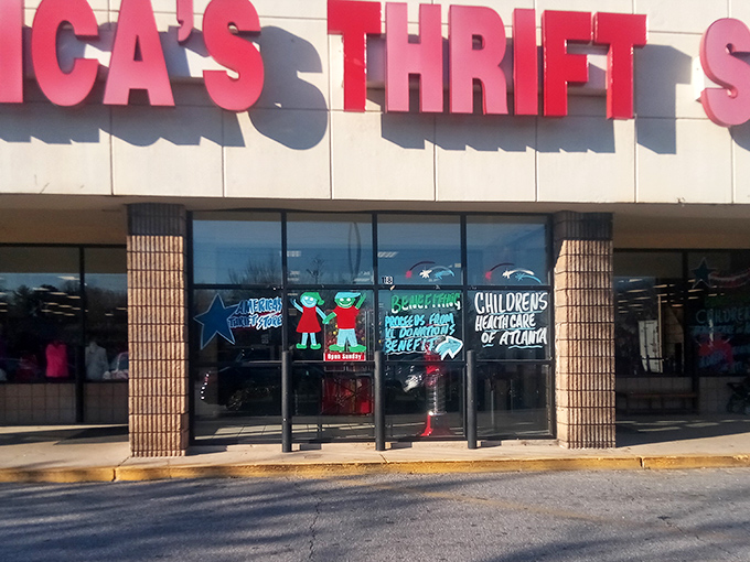 Blue skies frame this thrifter's paradise where twenty dollars can transform your wardrobe and your home decor game simultaneously.