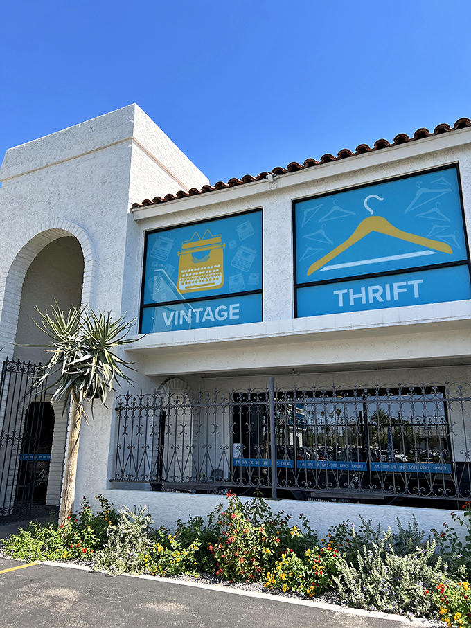 Desert landscaping and decorative balloon columns frame the entrance, creating an upscale shopping experience that defies typical thrift store expectations.