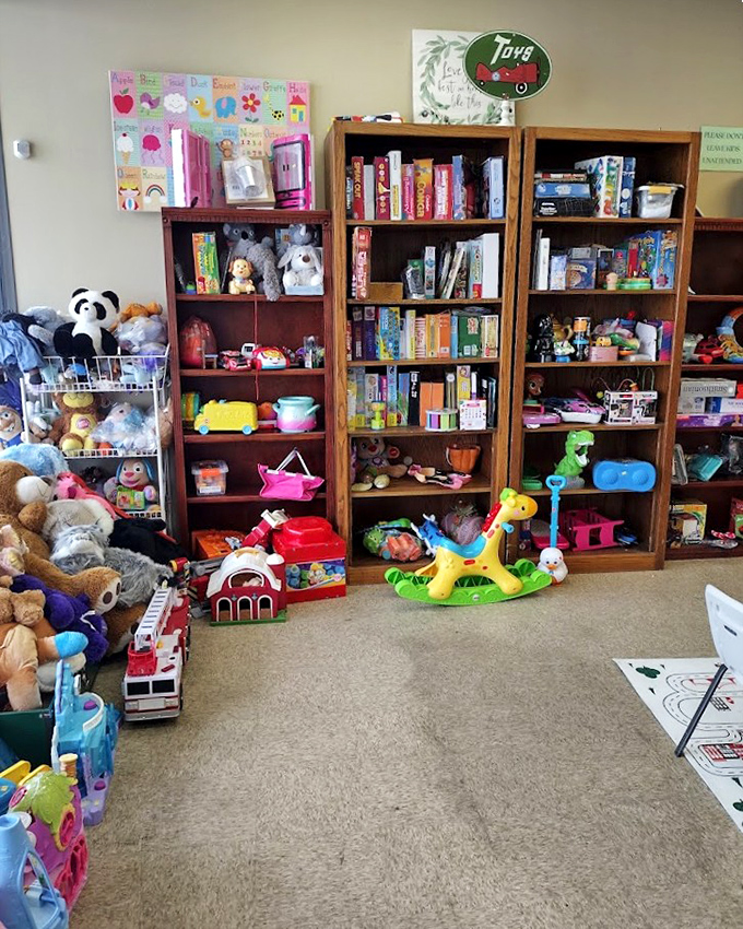 A children's paradise where toys and books find second homes. That rocking horse probably has more adventures left than most new ones.