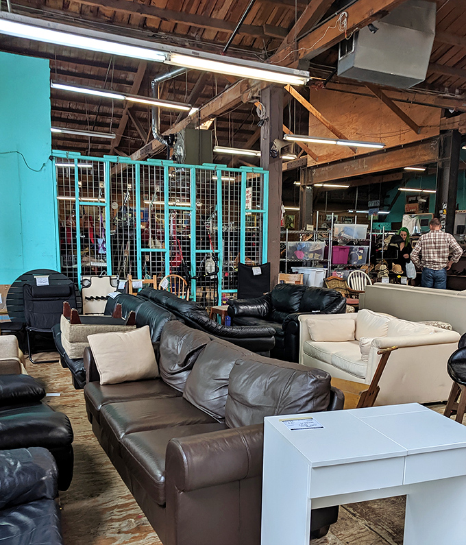 Inside this treasure trove, leather couches await their second act while shoppers hunt for that perfect piece of functional history.