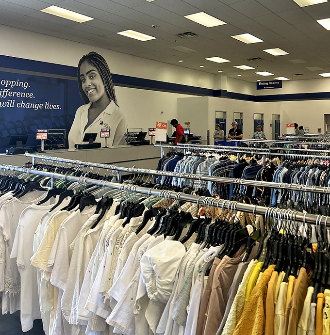 Rows upon rows of meticulously organized clothing create a textile universe where fashion from every decade coexists in perfect harmony.