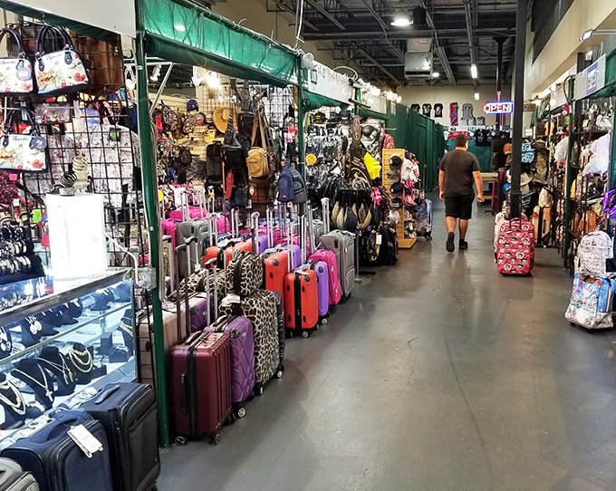 Treasure hunters navigate the luggage labyrinth, where suitcases in every imaginable color wait to carry home the day's discoveries.