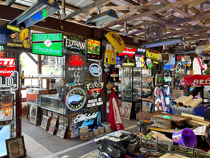 Vintage beer signs and nostalgic memorabilia create a time-travel experience. This booth is where your dad's garage dreams and your designer's vision board mysteriously overlap.