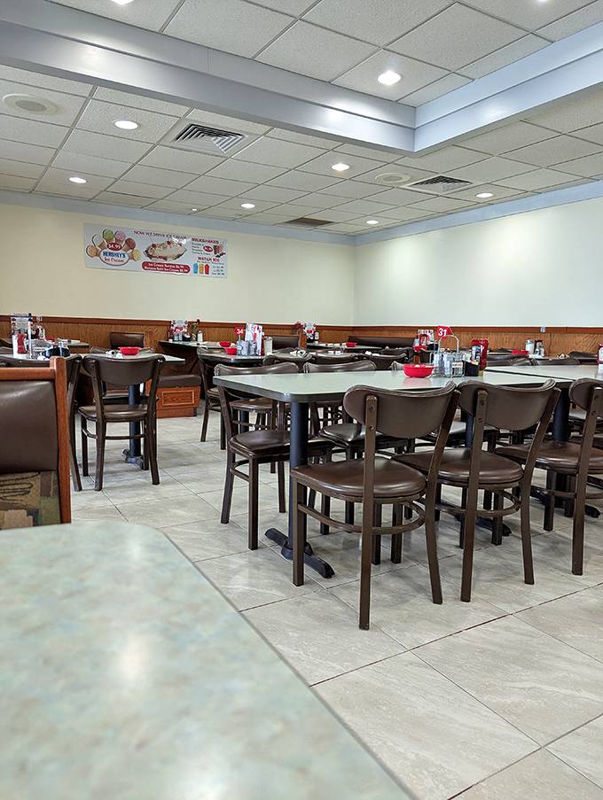 Simplicity reigns in this no-nonsense dining room. The kind of place where conversations flow as freely as the coffee refills.