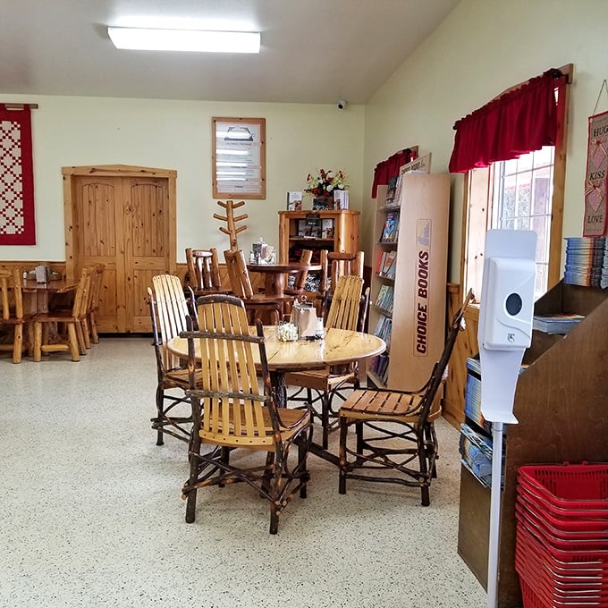 Rustic wooden furniture invites visitors to sit and savor their treats in a space where time slows down and calories don't count.