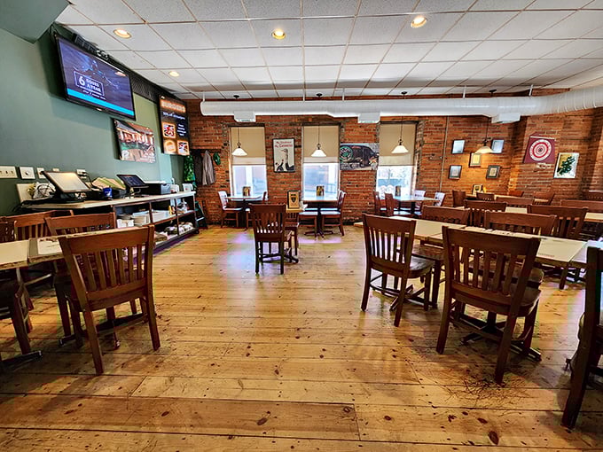 Exposed brick walls and wooden floors create the perfect backdrop for serious comfort food conversations.