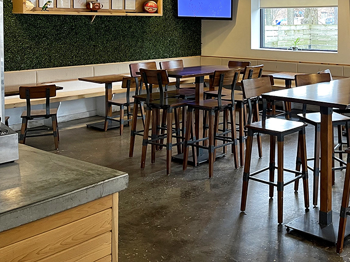Simple wooden tables and concrete floors let you know this place is all business when it comes to food—no distractions from the star of the show.