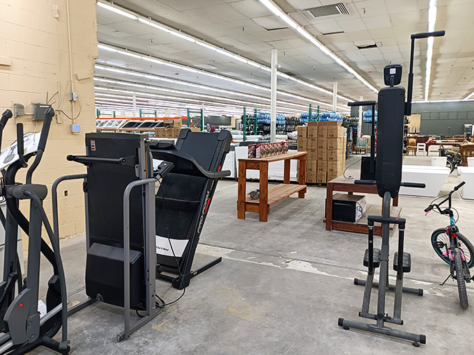 Exercise equipment waiting for its second act. That treadmill could be the start of someone's fitness journey or just an expensive clothes hanger&mdash;we've all been there!