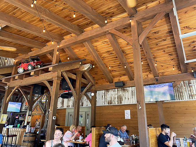 Timber-framed ceilings that would make Paul Bunyan feel right at home. The model tractor is just showing off at this point.