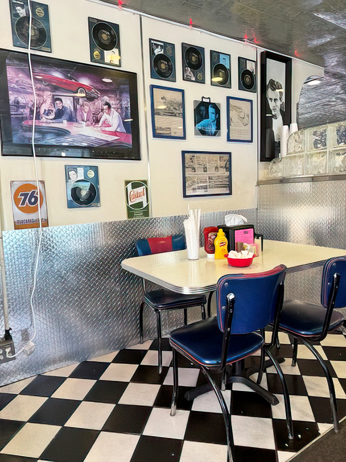 Vintage records, classic movie scenes, and nostalgic memorabilia transform dining into a journey through American pop culture. That James Dean poster seems to approve of your breakfast choice.