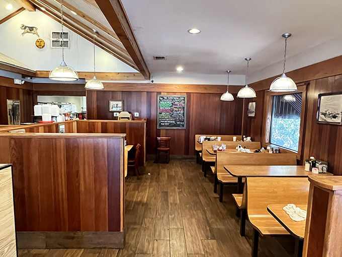 Wood-paneled warmth meets classic diner charm inside the Donut Hole. Those pendant lights have witnessed countless "first bite" food epiphanies.