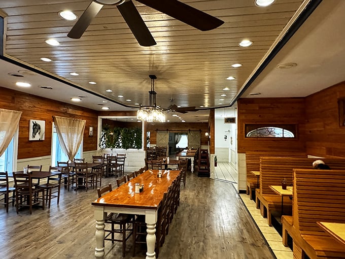 Warm wooden walls, ceiling fans, and that long communal table &ndash; this isn't just a restaurant, it's South Carolina's living room.