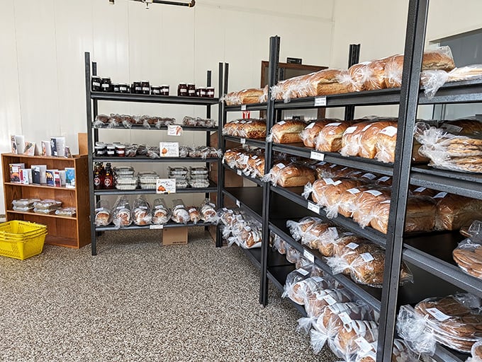 Shelves stocked with bread and baked goods like a carbohydrate library. Each plastic-wrapped package contains a chapter of comfort and tradition.