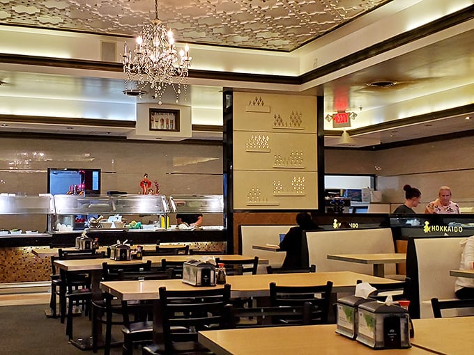 Crystal chandeliers and elegant ceiling details create an unexpected touch of luxury. Who knew all-you-can-eat could feel like dining with royalty?