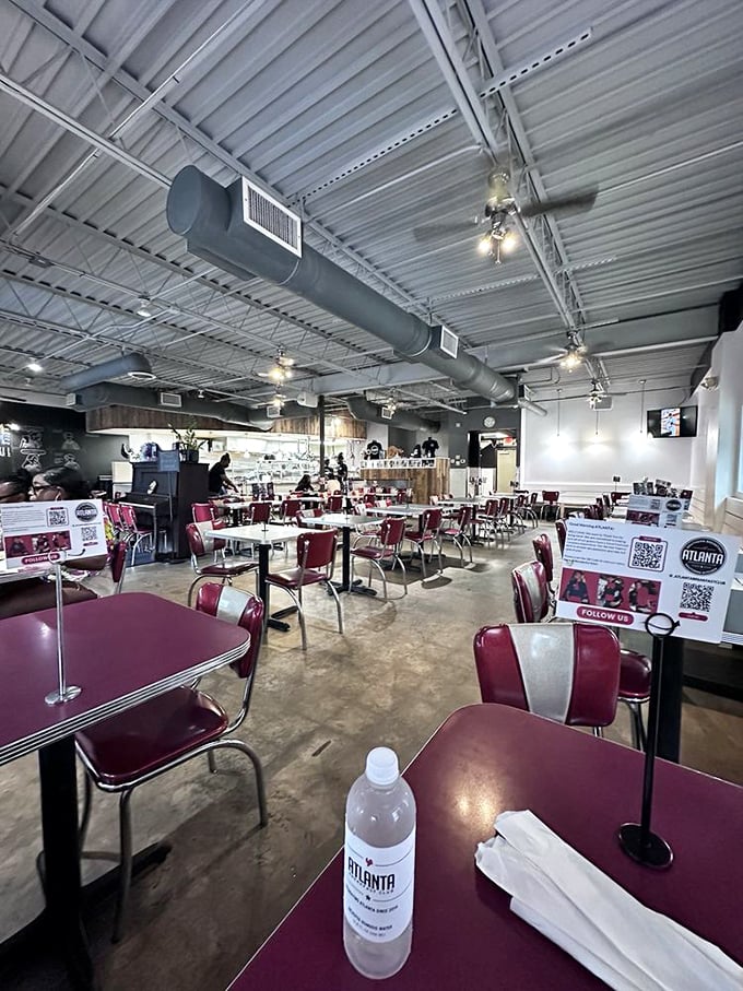 Retro meets modern in this diner-inspired space where red vinyl chairs invite you to settle in for breakfast bliss. The stage is set for morning glory.