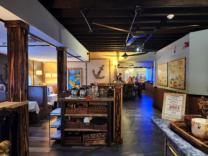 Step inside and the nautical theme continues with wooden beams, ambient lighting, and maritime accents that whisper, "Yes, you're definitely in the Keys now."