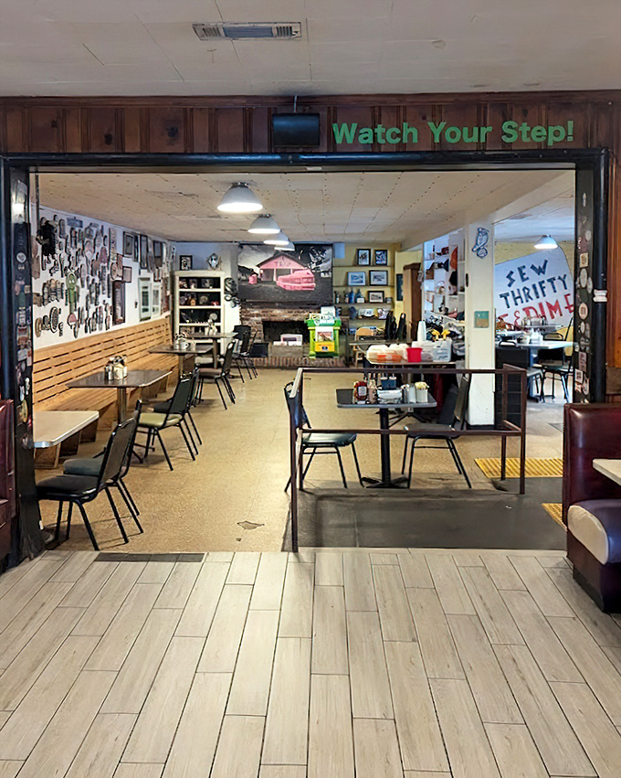 "Watch Your Step!" warns the sign, but the real danger is becoming so addicted to this cozy, memorabilia-filled dining room you'll never want to leave.