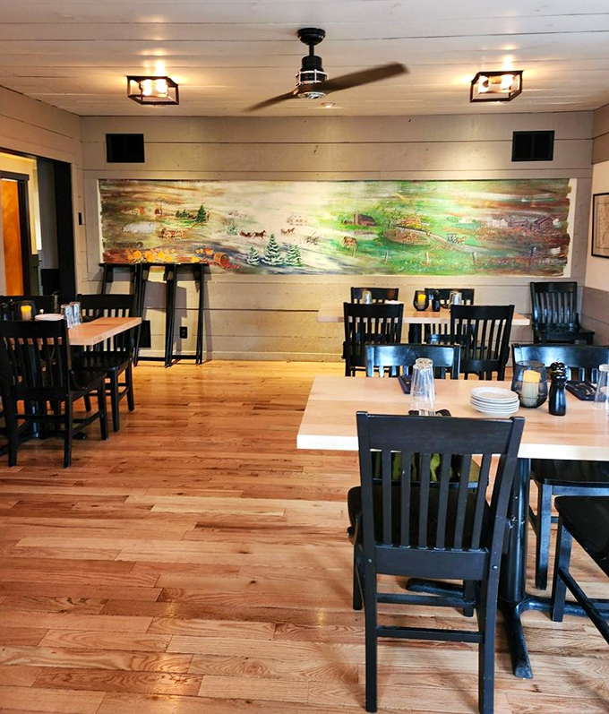 Rustic wooden floors and a pastoral mural create the perfect backdrop for culinary memories. Like stepping into your favorite aunt's dining room&mdash;if she could cook like a master chef.