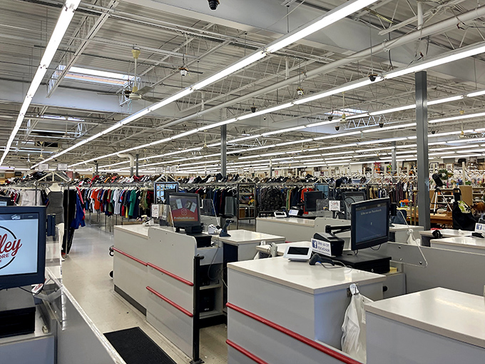 Rows upon rows of clothing stretch toward the horizon under bright fluorescent lights. The thrill of the hunt starts at these checkout counters.