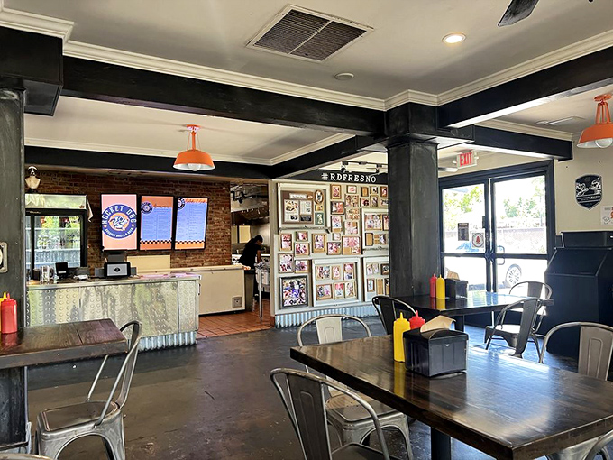 Industrial chic meets neighborhood hangout &ndash; where exposed brick and metal chairs create the perfect backdrop for garlic-scented memories.