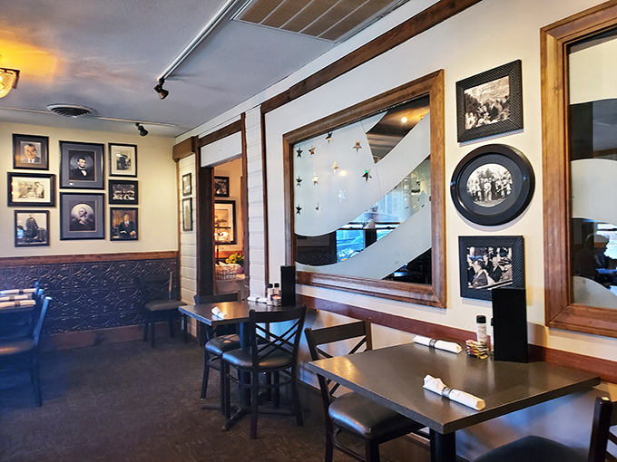Historic photos line the walls while wooden accents create that perfect "fancy-casual" atmosphere where both date nights and family reunions feel equally at home.