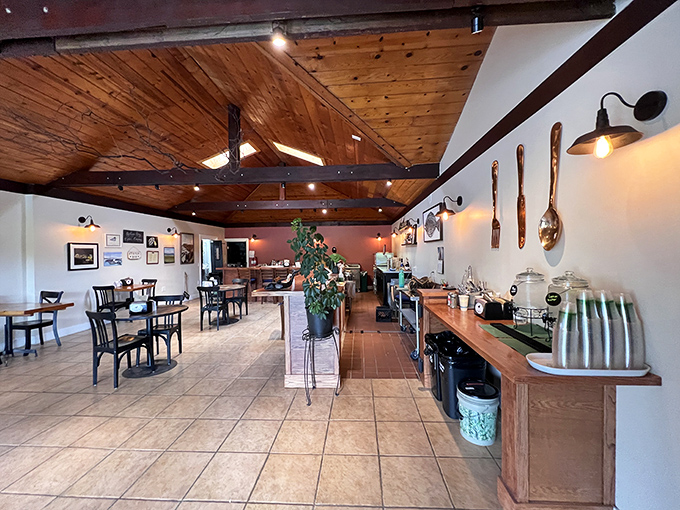 Warm wooden beams and simple furnishings create the perfect backdrop for seafood that needs no fancy setting to shine. Like a cozy fisherman's cabin that happens to serve culinary gold.