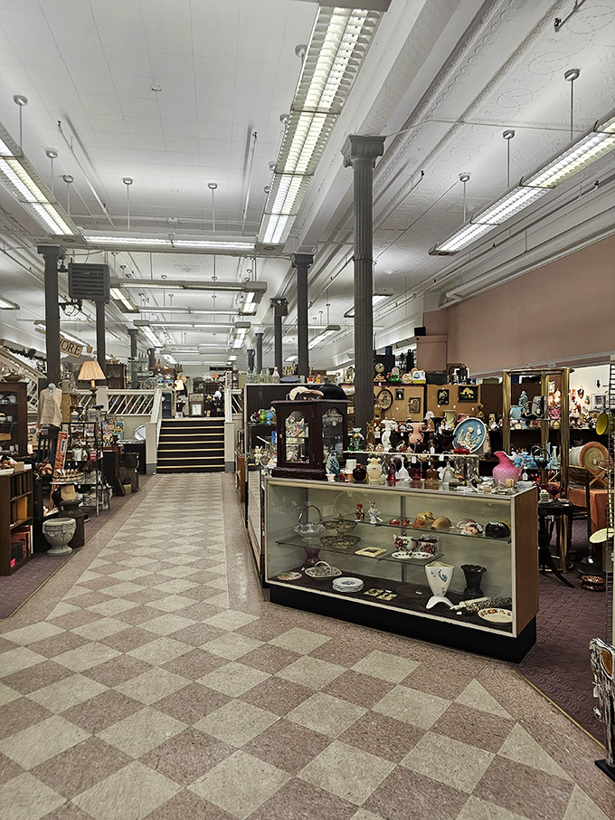 High ceilings, classic columns, and checkerboard floors create the perfect backdrop for treasure hunting adventures.